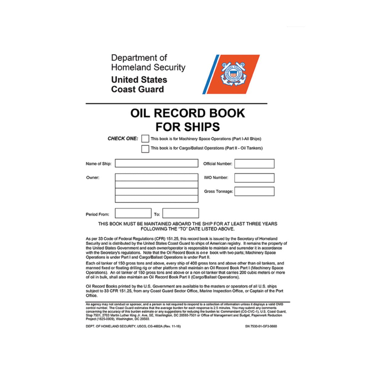 Oil Record Book for Ships - USCG And US Secretary Of Transportation ...